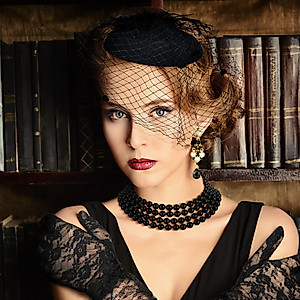 Bencailor Fascinator Hat for Women Funeral Veil Hats Set Include Mesh Hats Lace Gloves Necklace Earring for Tea Party(Floral Style)