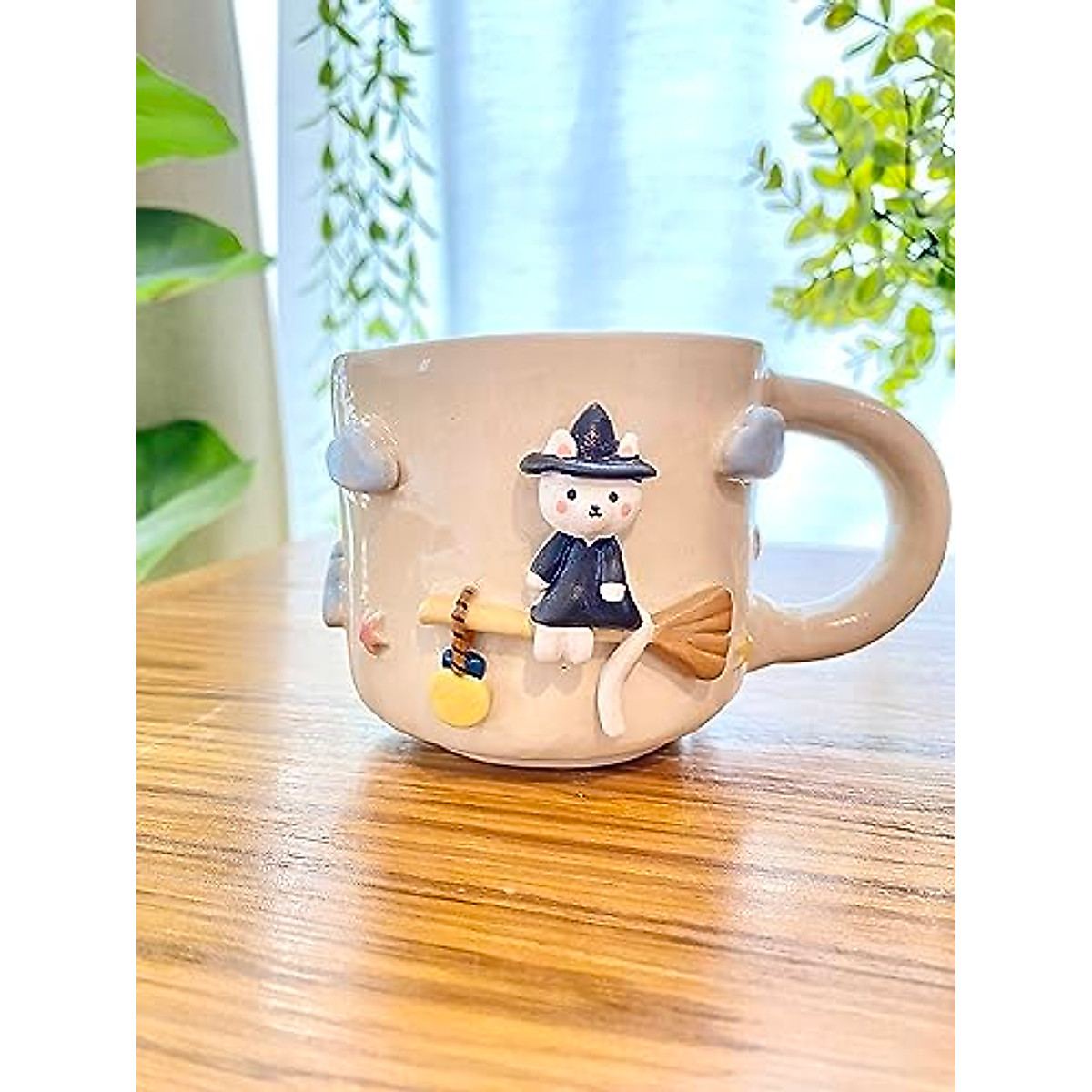 Witch cat on the broom wizard world, magic white Handmade ceramic cup, Hand-painted mug, Unique Surprise gift for Christmas or Birthday. Dishwasher and Microwave safe