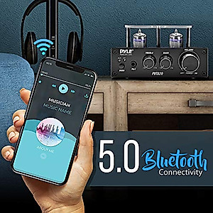 Pyle Bluetooth Tube Amplifier Stereo Receiver - 600W Home Audio Desktop Stereo Vacuum Tube Power Amplifier Receiver w/ 2 Vacuum Tubes, AUX/MP3/Microphone Inputs, Pure Copper Speaker Output - PVTA20