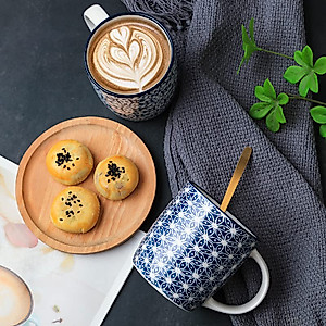 Set of 4 12 oz Coffee Mugs with Blue and White Geometric Patterns, Ceramic Tea Cup Set, Gift for Friends (Set 1)