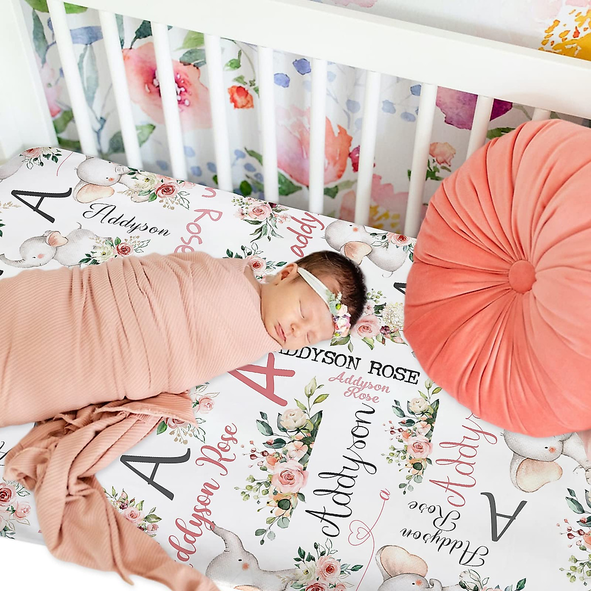 Personalized Crib Bedding Sheets with Pink Gray Elephant , Floral Elephant Monogram Girl Name Fitted Sheet, Custom Portable Crib Mattress Topper for Baby Girls, Mini Crib Sheet | Name Crib Sheets