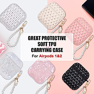 Glitter Shell Design Case for AirPods 1/2 with Pearl Wrist Chain Keychain,Colorful Sparkle Bling Pretty Cute Protective Skin Cover for Airpods 2nd Generation TPU Shock Proof for Women Girls -White