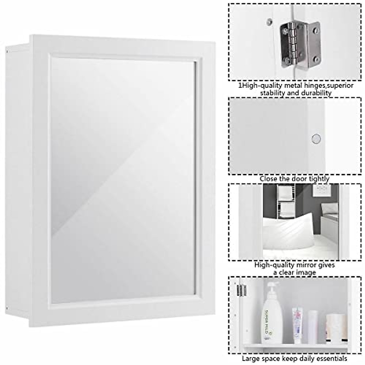 Bamc Bathroom Mirror Cabinet Wall Mounted Kitchen Medicine Storage Adjustable Shelf Storage Cabinet Organizer Cabinet Medicine cabinets Bathroom Storage Cabinet, 1475684, White, L 20''x W 6''x H 26''
