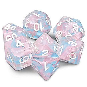 DND Polyhedral Dice RPG Dice for Dungeons and Dragons,Pathfinder,MTG,D&D Role Playing Game,Pink Blue Flower Transparent Dice Set,with Grey Waterproof Bag