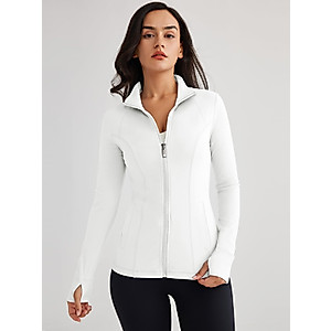 Trendy Queen Womens Lightweight Zip Up Jackets Mock Turtleneck Fall Hoodies Fitted 2024 Athletic Workout Clothes with Pockets White L