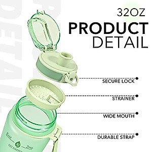 Alwager 32oz Motivational Water Bottles with Time Marker & Fruit Strainer, Single Color Water Bottle with Times to Drink, Leakproof & BPA Free, Reusable Plastic Bottle with Strap (No Straw)