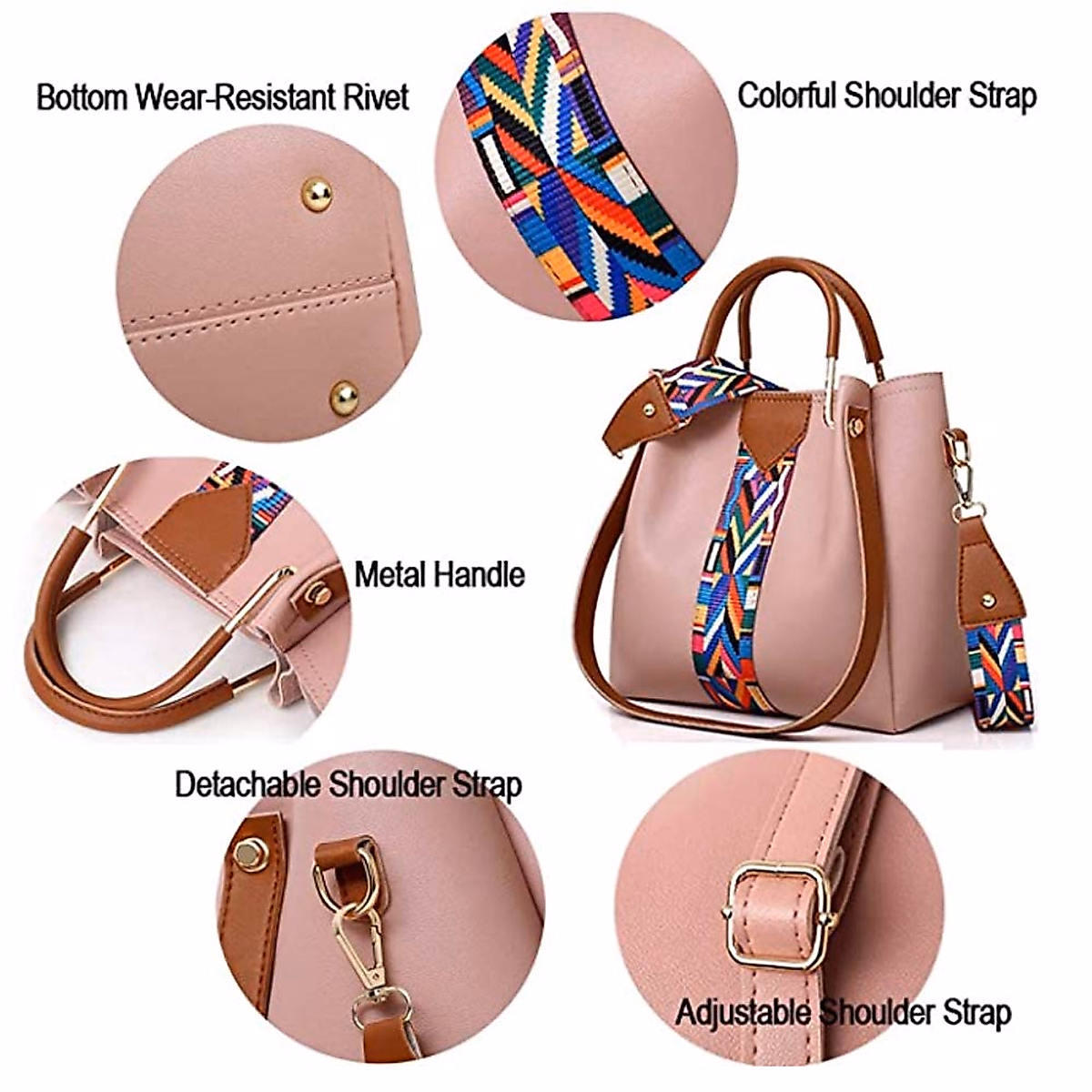 Rullar Women Handbag Set 4 in 1 Top Handle Bag Soft PU Leather Tote Satchel Stitching Shoulder Clutch Bag Purse Wallet Grey