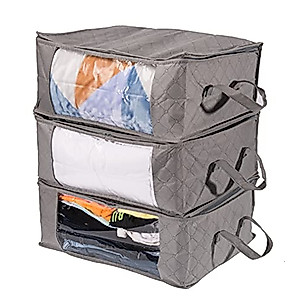 Amazon Basics Foldable Large Zippered Storage Bag Organizer Cubes with Clear Window & Handles, 3-Pack, Gray