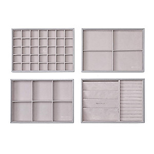 Vlando Jewelry Tray - Faux Leather Glass-top Jewelry Storage Organizer - Earring Necklace Bracelet Ring Display Desktop Drawer Chest, 4-Layer w/Clear Lid, Grey