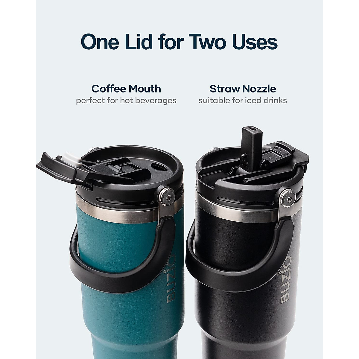 BUZIO Insulated Tumbler with 2-in-1 Lid and Straw, 30 oz Tumbler with Handle, Stainless Steel Double Walled Water Bottle Reusable Coffee Tumbler Travel Mug Thermal Cup, Wide Mouth Smoothie Cups