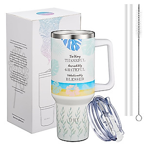 THILY 40 oz Stainless Steel Tumbler with Handle - Vacuum Insulated Travel Cup, Splash-Proof & Leakproof Lid, 2 Straws & Brush | Keeps Cold 34H/Hot 12H, Cupholder Friendly, Garden