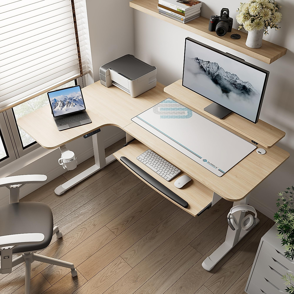 EUREKA ERGONOMIC Standing Desk Adjustable Height 61" Electric Sit Stand Computer Desk L Shaped with Keyboard Tray,Monitor Stand &LED, Dual Motor Memory Presets Sit to Desk Adjustable Desk, Left/Maple