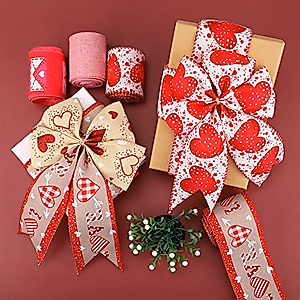 8 Rolls Heart Burlap Ribbon 2.5" Valentine's Day Ribbon Red Pink Buffalo Plaid Wired Edge Heart Love Ribbon for Gift Wrapping Wedding Anniversary Home Decor Floral Bows Wreath Craft and DIY, 40 Yards