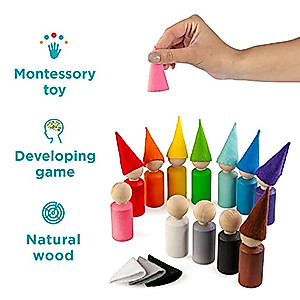 Ulanik Peg Dolls with Hats Toddler Montessori Toys for 3 Year Old + Kids Wooden Waldorf Dolls for Learning Color Sorting and Counting — 12 Gnomes, 2.36 in