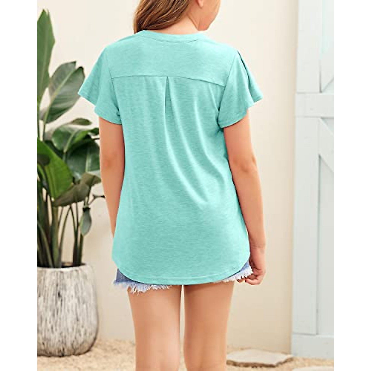 PLNOTME Girls' Summer Cute T Shirts Casual Short Sleeve V Neck Plain Tunic Tops Light Green