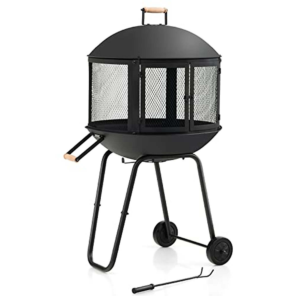 Tangkula Portable Fire Pit with Wheels, 28 Inch Wood Burning Fire Pit with Log Grate, Poker, Rolling Patio Fireplace Wooden Bonfire Firepit for Outdoor Entertaining Black