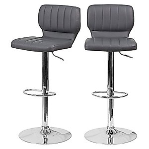 KLS Modern Barstools Adjustable Hydraulic 360 Degree Swivel Stable Steel Frame Padded Vinyl Cushion Low Back Seat Design Dining Chair Pub Stool - Set of 2 Grey # 1969