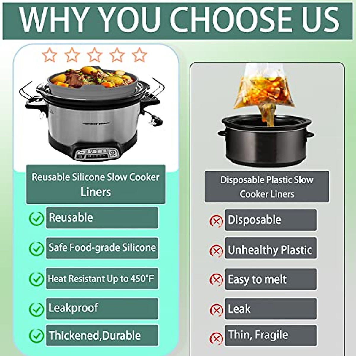 Optukeop Silicone Slow Cooker Liners Reusable 6Qt Oval Crock Pot Liner, Foldable Cooking Bag Divider Insert - Non-stick/Leakproof/Food-Grade/Healthy/Dishwasher Safe (Grey)