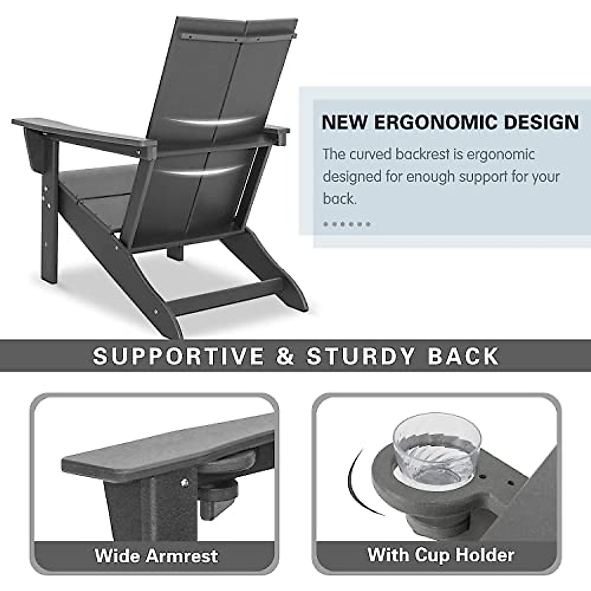 INTOBOO Modern Curveback Adirondack Chair, Elegant Double Plate Design Lounge Chairs, Recycable HDPE Chairs for Outdoor Patio Pool