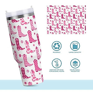 ARGTILDN 40 oz Tumbler Western Cowboy Boots Flowers Insulated Travel Mug with Handle and Straw Lid Stainless Steel Vacuum Coffee Cup Tea Beverage Container Water Bottles for Car Sports office