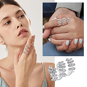 FindChic Platinum Plated Long Leaf Cluster Statement Rings for Women, Oversized Cuff Ring Adjustable Flower Knuckle Ring Party Costume Jewelry
