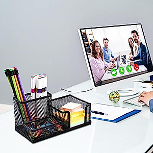 Byjoph Pen Holder for Desk Mesh Metal Pencil Holders Pen Cup Marker Holder Desk Caddy with Sticky Notes Holder Pen Organizer for Office Supplies Workspace School Home Black