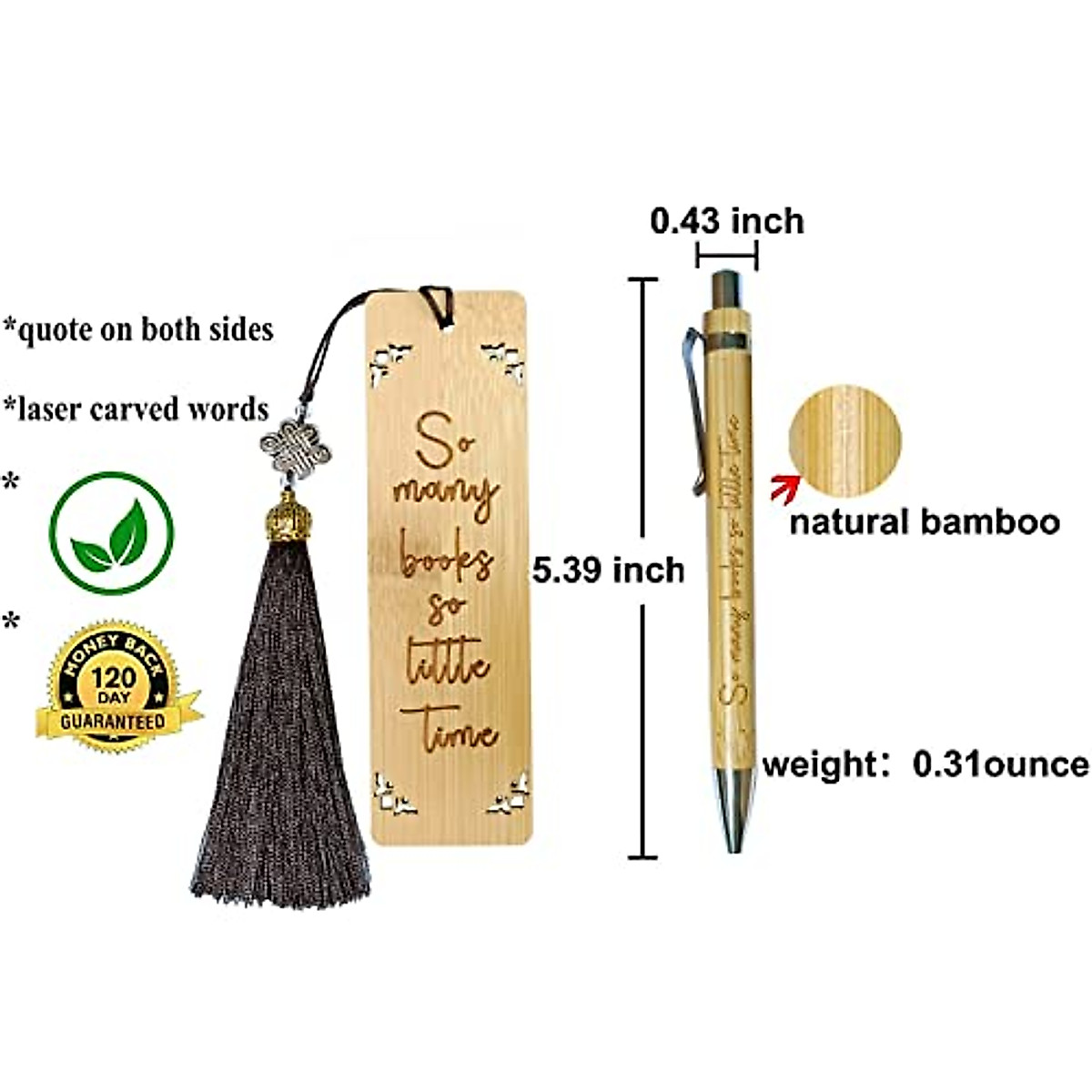 Handmade Bamboo Bookmark with Laser Carved Quote, Wooden Bookmark with Beautiful Tassel,A Unique Gift with Ball Point Pen Set for Teachers, Students, Men and Women.  (A2)