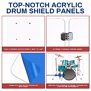 PENNZONI Drum Shield 4ft w/Chrome Hinges, Comes w/ 3 Drum Panels, & 4 Chrome Hinges, Premium Clear Acrylic Panels, Drum Screen