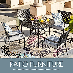 Festival Depot 5 Piece Patio Dining Set of 4 Armchairs with Cushions and Round Black Table with 2.04" Umbrella Hole Wrought Iron Outdoor Furniture for Deck Lawn Poolside (Beige)