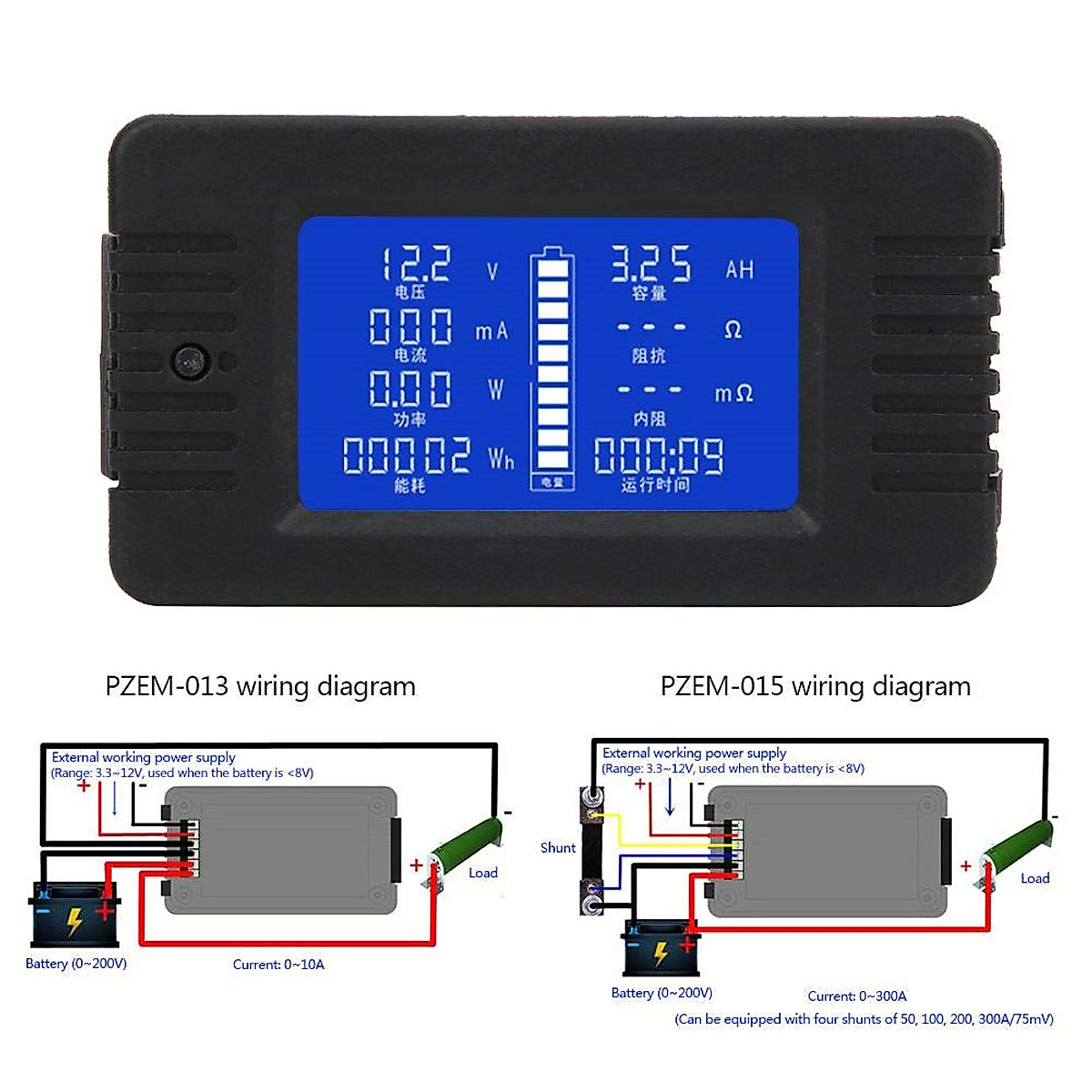 Battery Monitor Meter with Shunt, PZEM-015 Multifunctional Battery Meter Current Voltage Power Energy Consumption Capacity Test with Manual(with 200A Shunt)