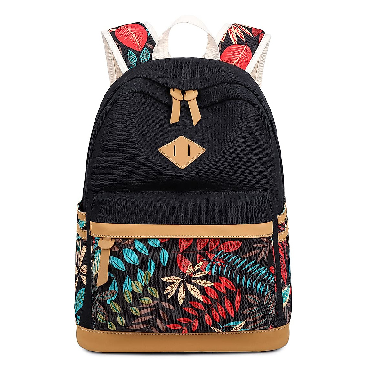 LuckyZ Women Casual Backpack Lightweight School Bookbag Canvas Leather Daykpack Cute Printng Travel Shoulder Rucksacck Leaf Black Medium