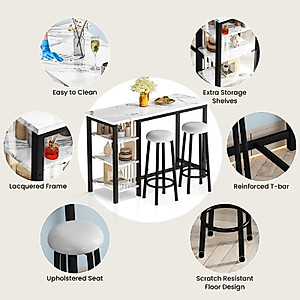 AWQM Home Bar Table Set of 2, 47" White Faux Marble Dining Set with Storage Shelves and Upholstered Leather Bar Height Stools, 3-Piece Kitchen Table for 2 People, Space Saving Table (White & Black)