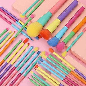 Docolor Colorful 15Piece Makeup Makeup Brush Set + 16Pcs Colorful Eyeshadow Brush Set Premium Kabuki Foundation Blending Face Powder Synthetic Makeup Brushes Set