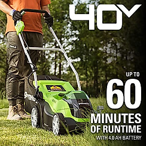 Greenworks 40V 14" Cordless Electric Lawn Mower, Leaf Blower (120 MPH / 500 CFM), String Trimmer, 4.0Ah Battery and Charger