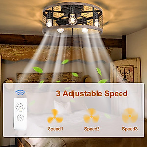 Ohniyou 20'' Flush Mount Caged Ceiling Fan with Lights Remote Control, Farmhouse Rustic Low Profile Small Vintage Enclosed Ceiling Fan Lighting Fixture Bedroom Dining Room
