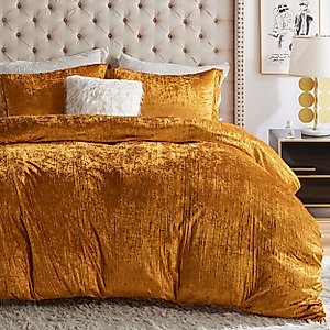 Bedsure Velvet Duvet Cover Set - Luxurious, Glossy Queen Duvet Cover Set, Honey Yellow Duvet Cover Queen with 2 Pillow Shams (Honey Yellow, Queen, 90 x 90 inches)