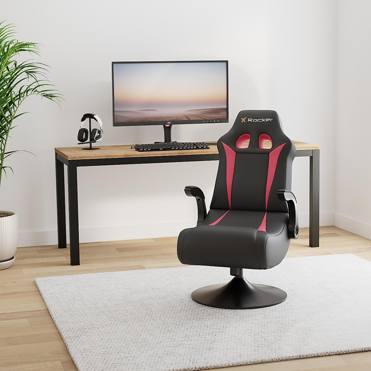 X Rocker Vibe 2.1 Bluetooth Pedestal Gaming Chair, with Wireless Audio, 2 Speakers, Subwoofer, Foldable, Padded Armrest, 5125401, 24" x 42" x 33.2", Black and Red