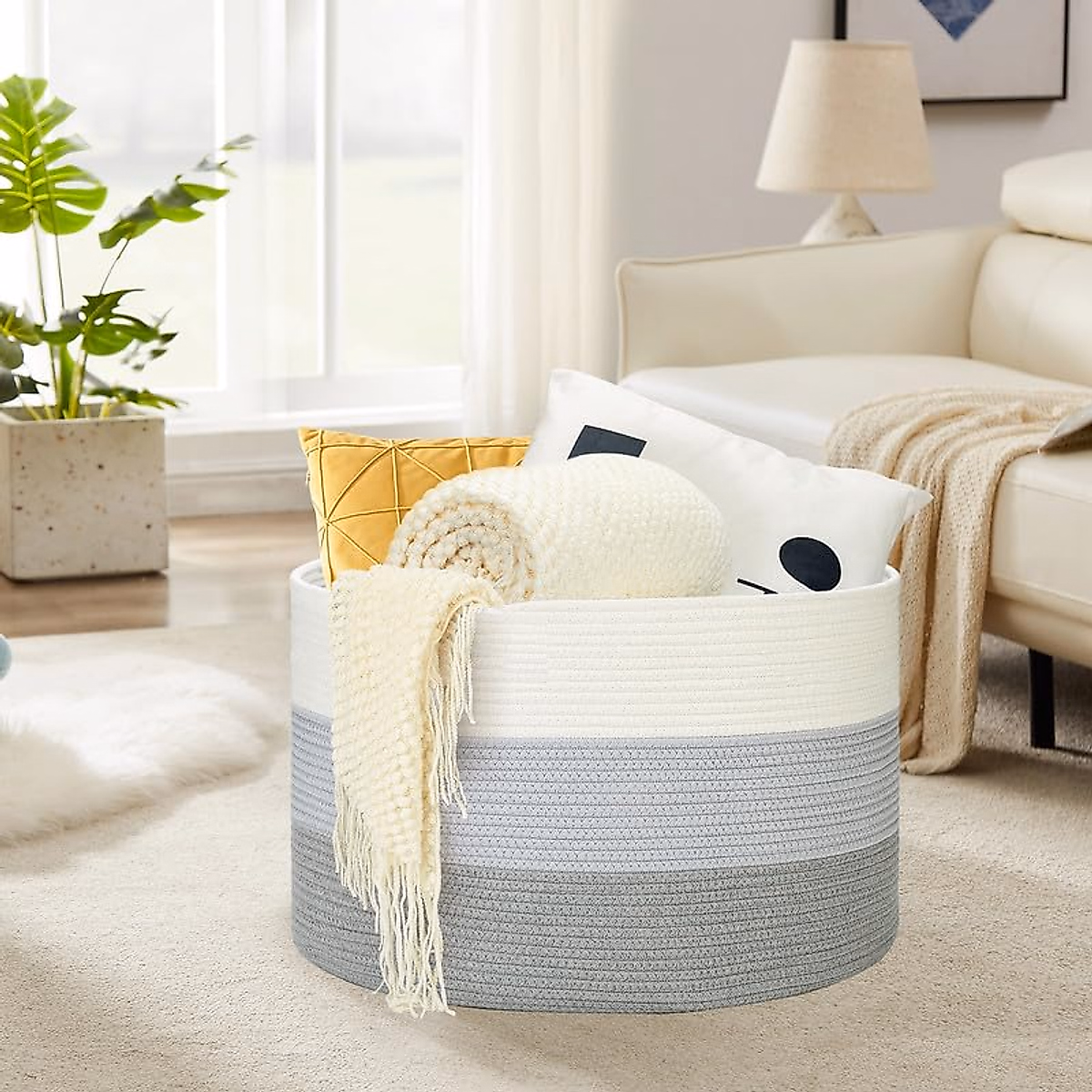Ravinte Large Storage Basket - 22"x 22"x 14" Blanket Basket for Living Room, Baby Toy Storage Basket, Cotton Rope Basket Woven Laundry Basket (White-Blue-Gray)