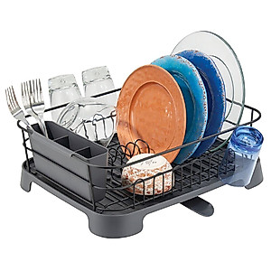 mDesign Alloy Steel Sink Dish Drying Rack Holder w/Plastic Swivel Spout Drainboard Tray - Dish Rack/Dish Drainer Storage Organizer for Kitchen Counter - Holds Plates, Concerto Collection, Copper/Clear