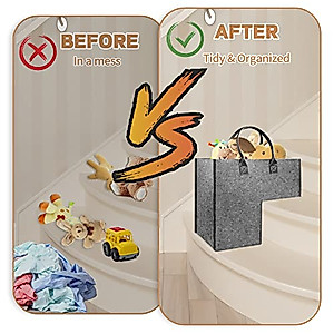 SMFANLIN 2Pcs Foldable L-Shape Stair Basket Organizer, Folding Fabric Staircase Storage Organizer with Faux Leather Handles, Large Stair Tidy Basket Bin for Laundry, Toys, Household Items