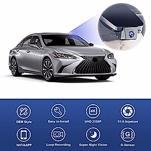 Fitcamx 4K Dash Cam Suitable for Lexus ES350 ES300h F Sport ES250 2019 2020 2021 2022 2023 Luxury Sedan 4D, Integrated OEM Style, UHD 2160P Video WiFi, G-Sensor, Loop Recording, Plug&Play, 64GB Card