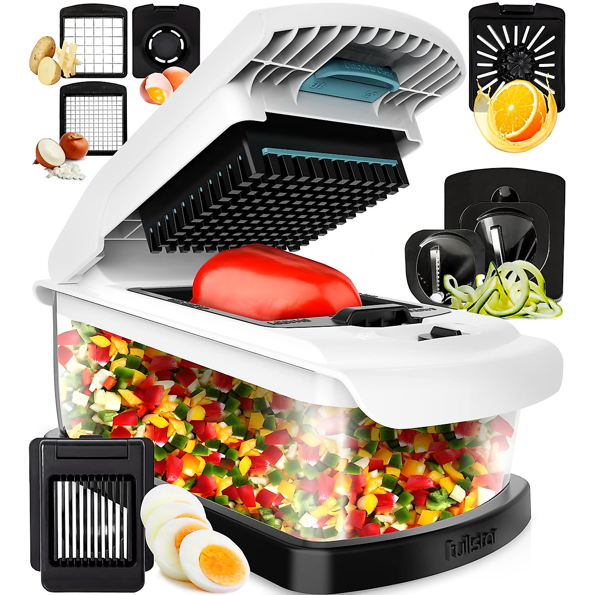 Fullstar 9-in-1 Vegetable Chopper with Extra Large Catch Tray - XL Veggie Chopper, Chopper Vegetable Cutter - Food Chopper, Kitchen Gadgets with Anti-Slip Bumper & Self Cleaning Feature (White)