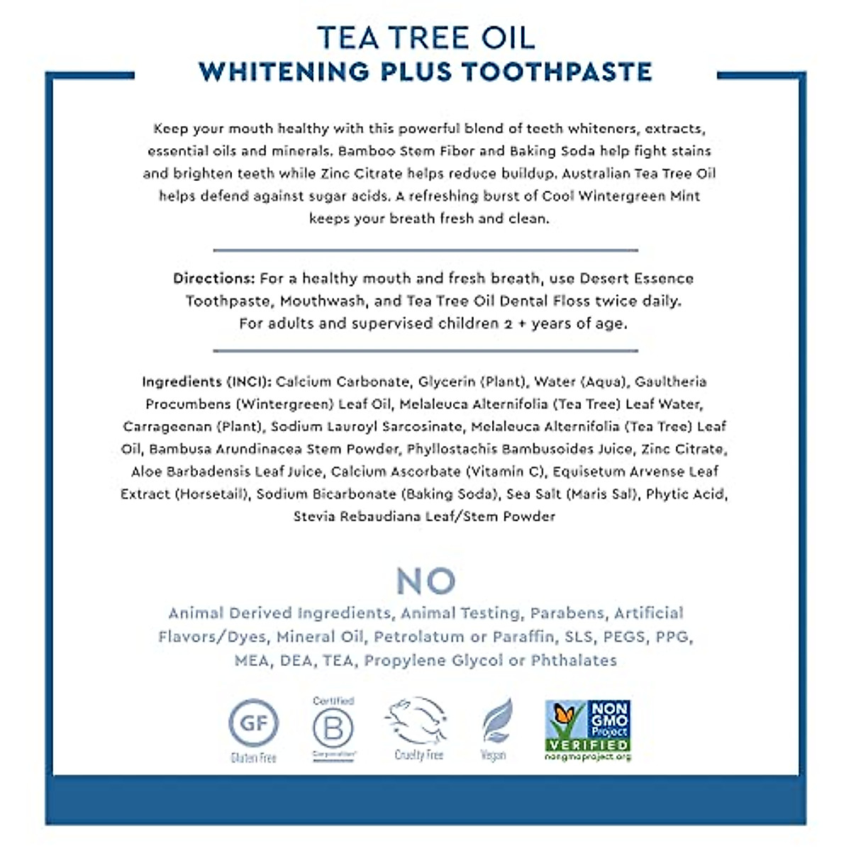 Desert Essence Natural Tea Tree Oil Whitening Plus Toothpaste - Cool Mint - 6.25 Oz - Antiseptic Tea Tree Oil - Zinc Citrate - Baking Soda - Freshens Breath - Reduced Plaque - Fluoride & Gluten Free