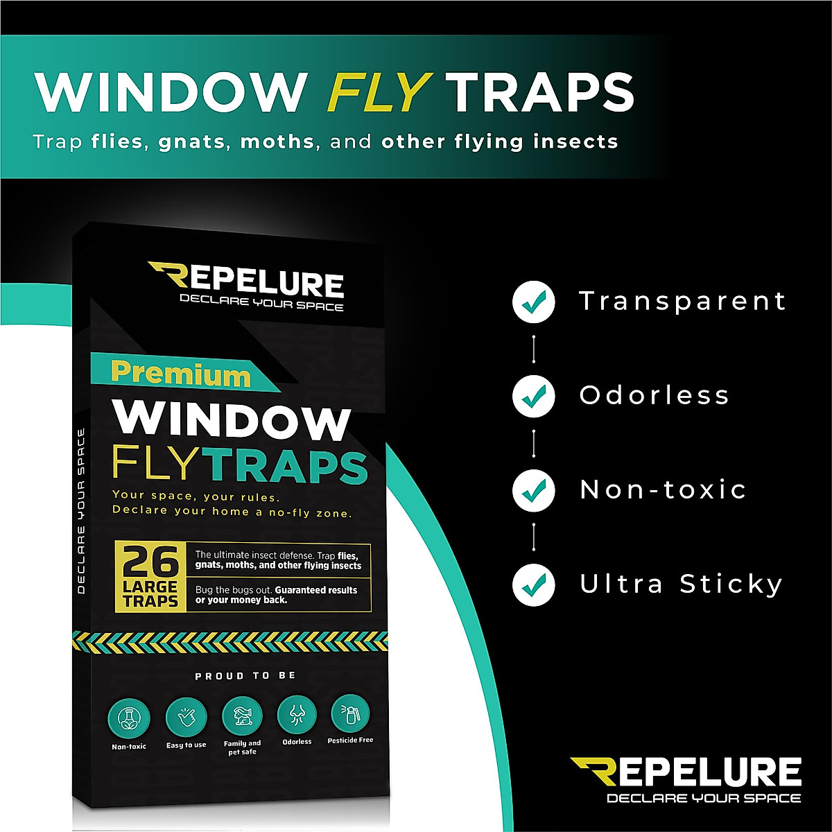 Repelure Window Fly Trap (26 Pack) XL Traps, Indoor for Home, Sticky Traps for Flying Bugs, Insects, Gnats, Moths and Fruit Flies, Non-Toxic, Waterproof, and Odorless Indoor Adhesive Glue Paper,