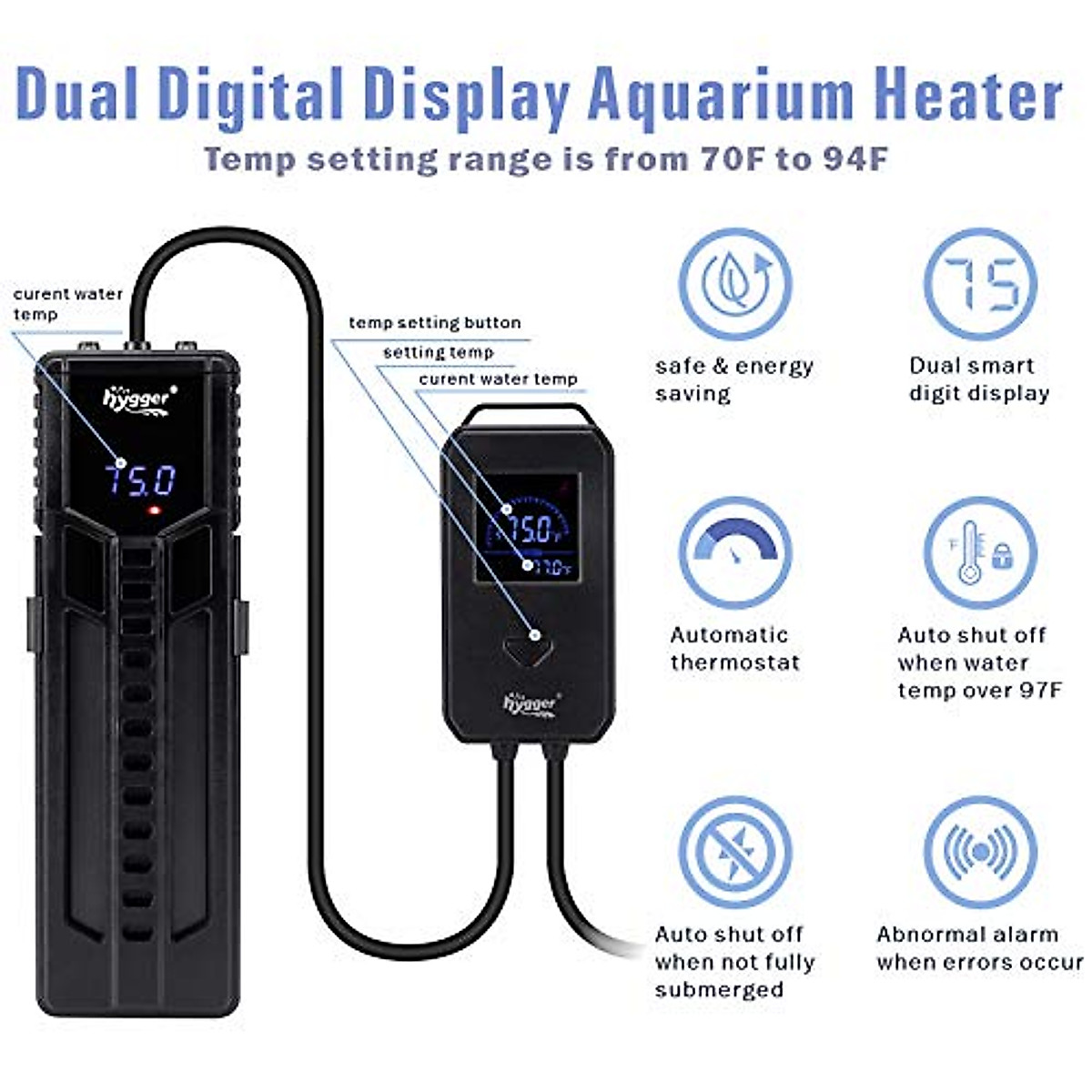 hygger 800W Metal Steel Aquarium Heater for Fresh Water, Digital Submersible Heater with Built-in Thermometer, External LCD Display Thermostat Controller, for Fish Tank 120-180 Gallon