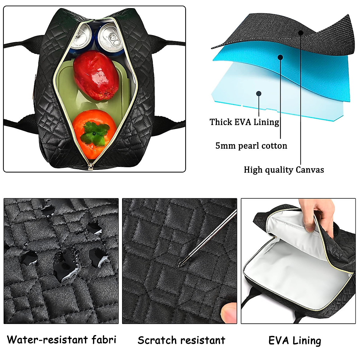 LOKASS Lunch Bag Women Insulated Lunch Box Thermal Lunch Tote Bags for Adults Work(Black-Embroidery)