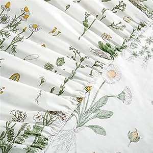 Wake In Cloud - Botanical Sheet Set, Yellow Flowers and Green Leaves Floral Garden Pattern Printed on White, Soft Microfiber Bedding (4pcs, Queen Size)