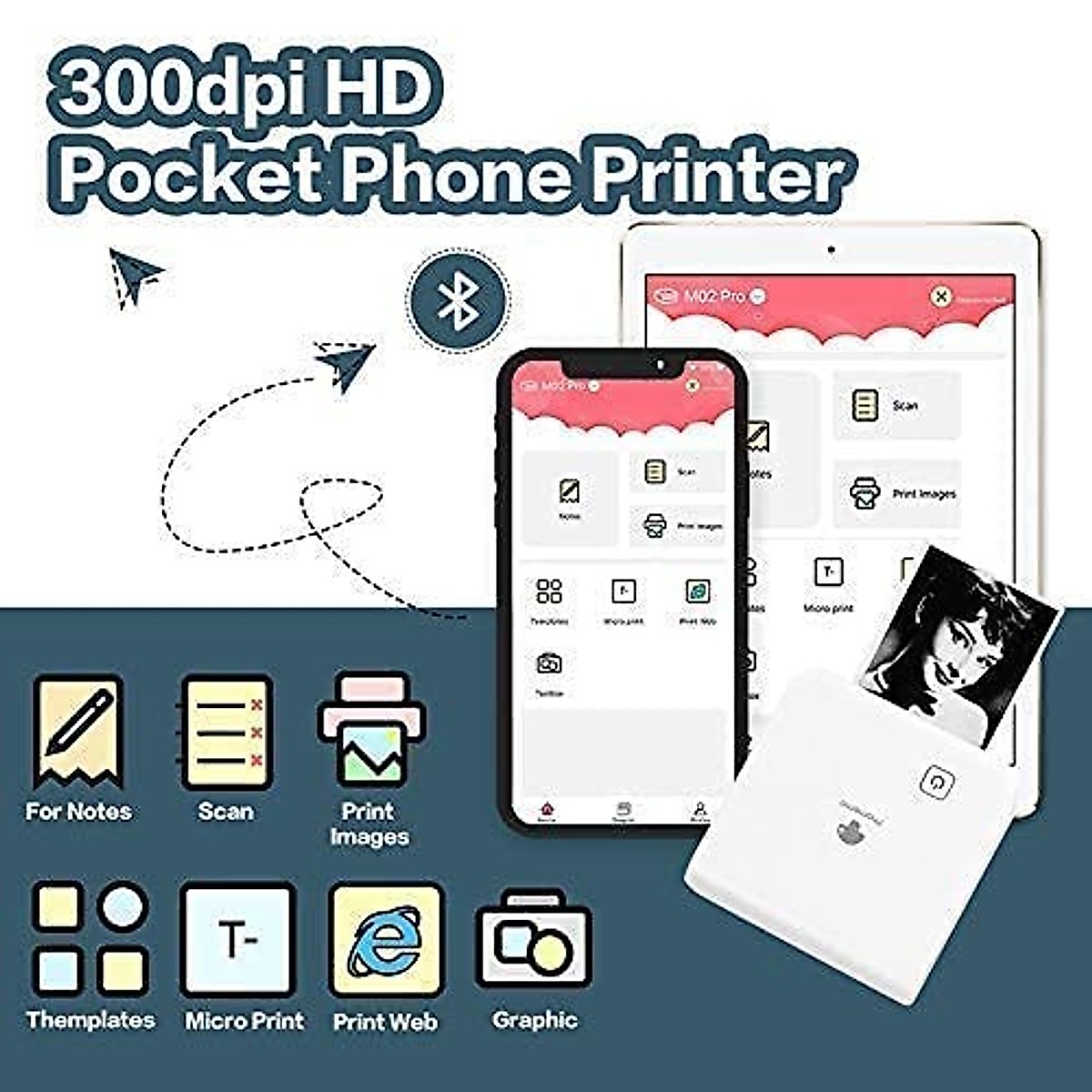 Phomemo M02 Pro Pocket Printer - with 3 Rolls Transparent White Paper， Compatible with iOS + Android for Plan Journal, Study Notes, Art Creation, Work, Gift