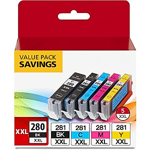 PGI-280XXL/CLI-281XXL 5 Color Value Pack Replacement for Canon 280 281 Ink Cartridges Compatible with PIXMA TR7520 TR8520 TS6120 TS6220 TS8120 TS8220 TS9120 TS9520 TS6320 TS9521C Printer