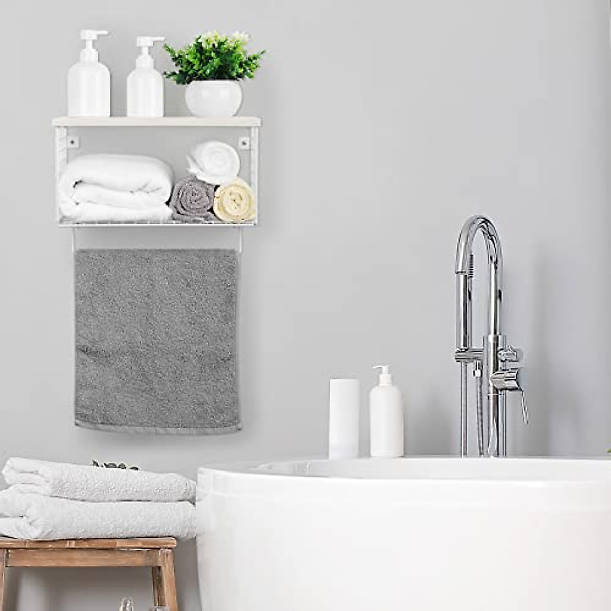 Bathroom Towel Shelf for Wall Bathroom Shelf with Towel Bar 2 Tier Wood Floating Shelves with Towel Rack and 6 Hooks, White